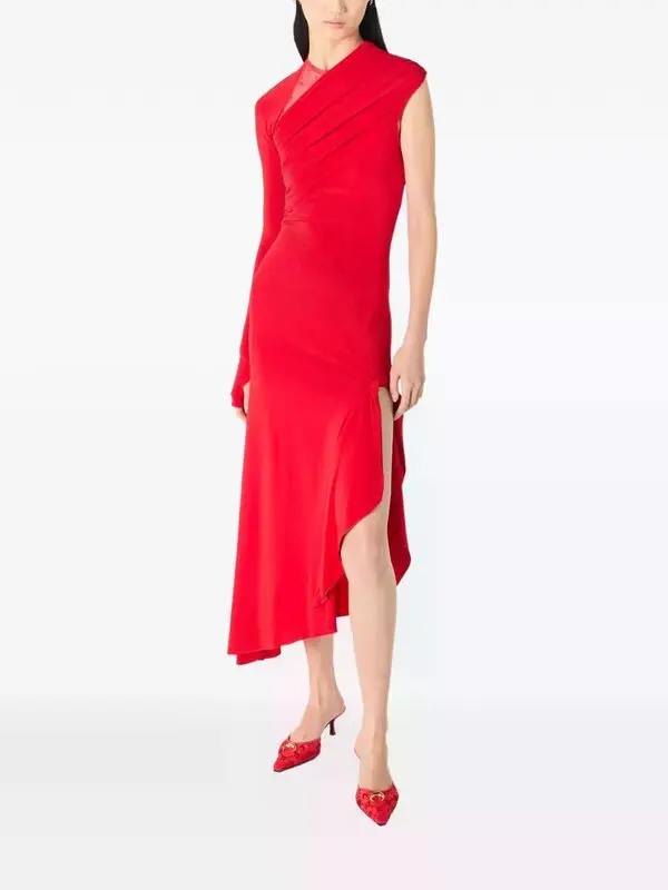 MARINE SERRE Asymmetrical Ruffled Midi Dress - Red
