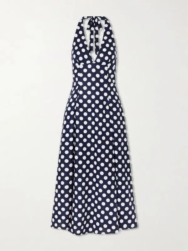 Faithfull The Brand Murano Polka-dot Linen Halterneck Midi Dress