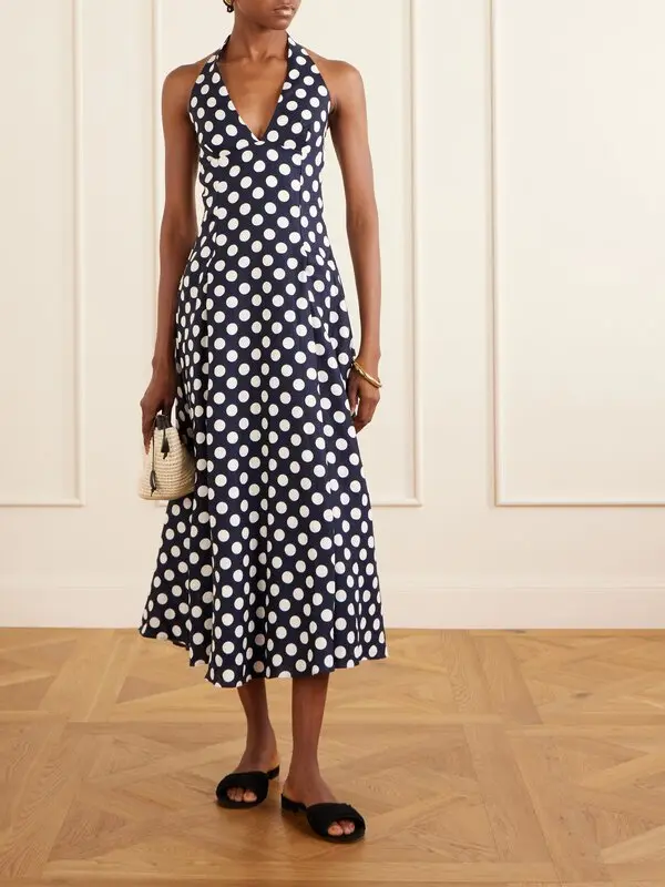 Faithfull The Brand Murano Polka-dot Linen Halterneck Midi Dress