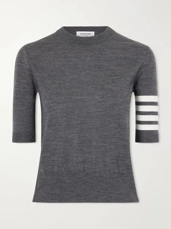 Thom Browne Grosgrain-trimmed Striped Wool-blend Sweater - Gray