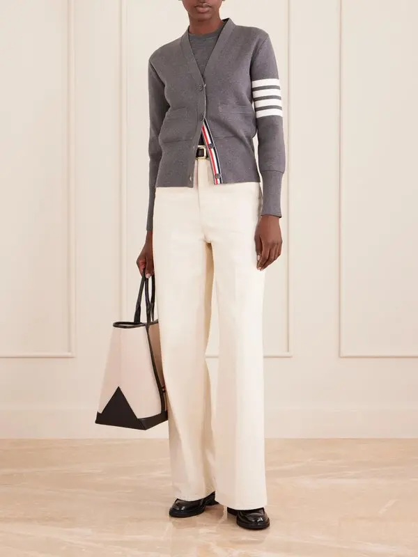 Thom Browne Grosgrain-trimmed Striped Wool-blend Sweater - Gray