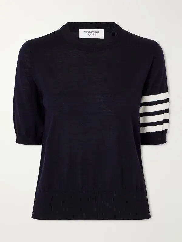 Thom Browne Grosgrain-trimmed Striped Wool-blend Sweater - Blue