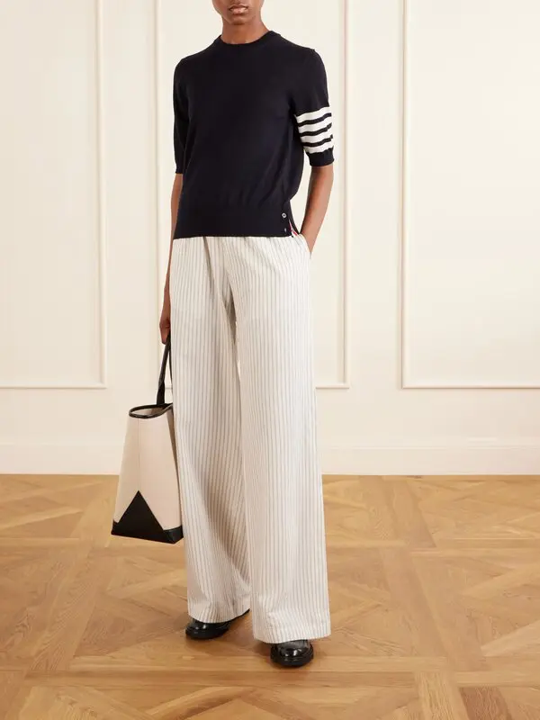 Thom Browne Grosgrain-trimmed Striped Wool-blend Sweater - Blue