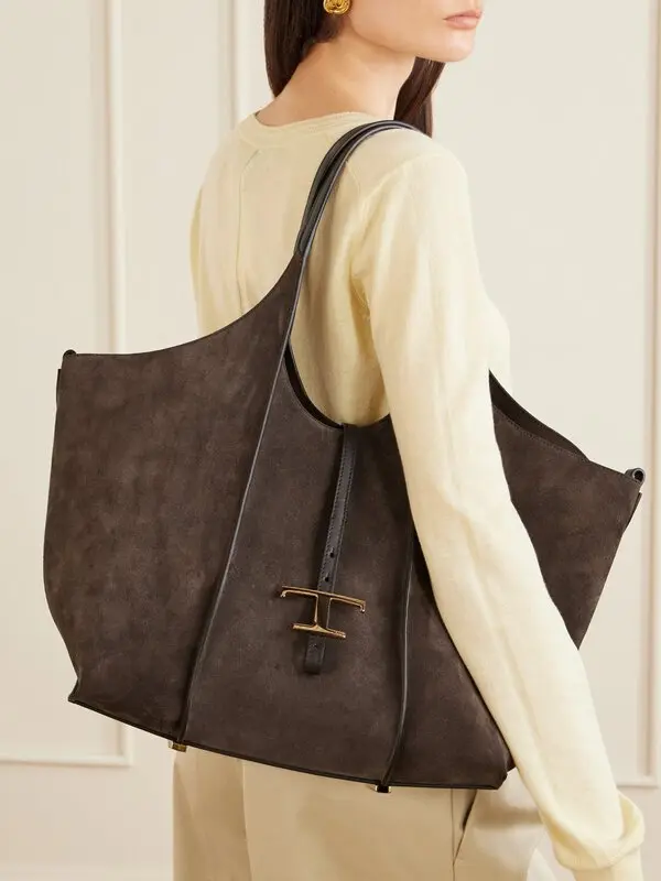 TOD'S T Timeless Medium Suede Shoulder Bag - Brown