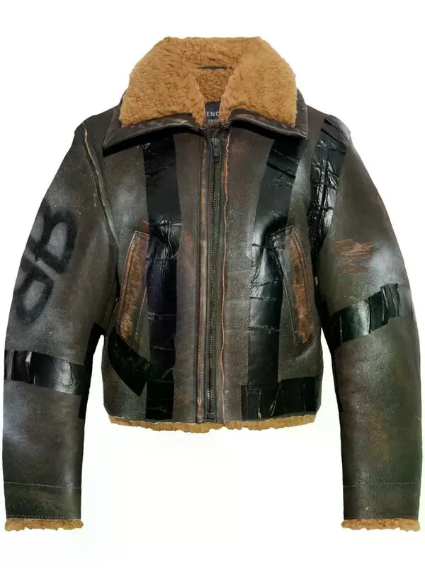 Balenciaga Distressed Leather Bomber Jacket - Brown