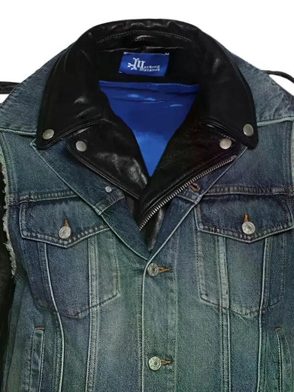 MARKING DISTANCE Layered Effect Leather And Denim Jacket