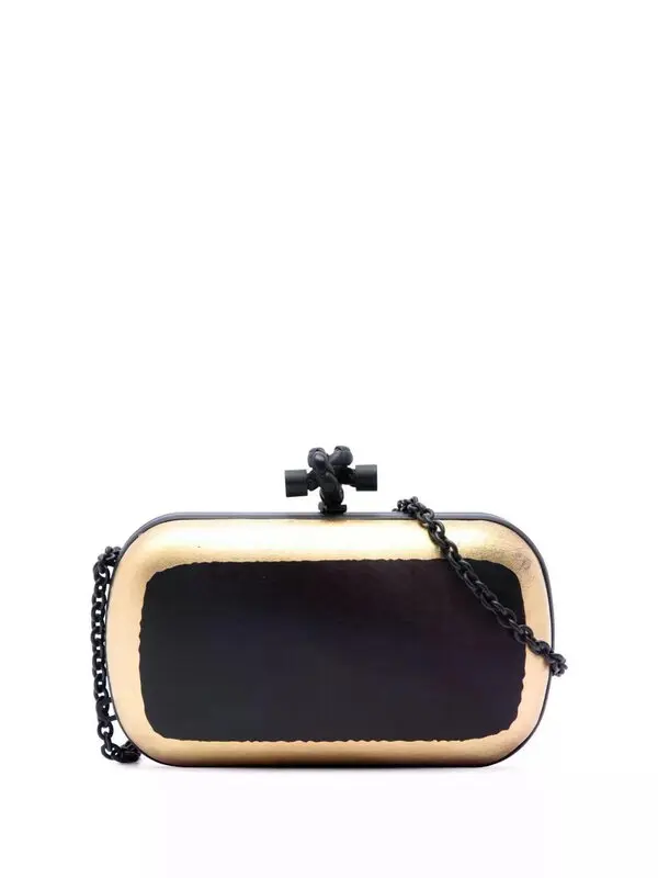 Bottega Veneta Bicolor Gilded Waxed Leather Knot Clutch With Chain Crossbody Bag - Black