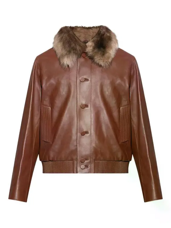 Fendi Faux Fur Collar Leather Jacket - Brown