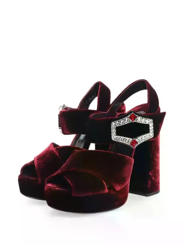 Prada Velvet Embellished Block Heel Sandals - Red