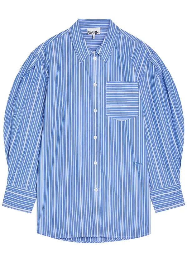 GANNI Striped Organic Cotton Poplin Shirt With Puff Sleeves - Navy