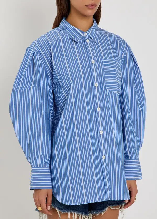 GANNI Striped Organic Cotton Poplin Shirt With Puff Sleeves - Navy