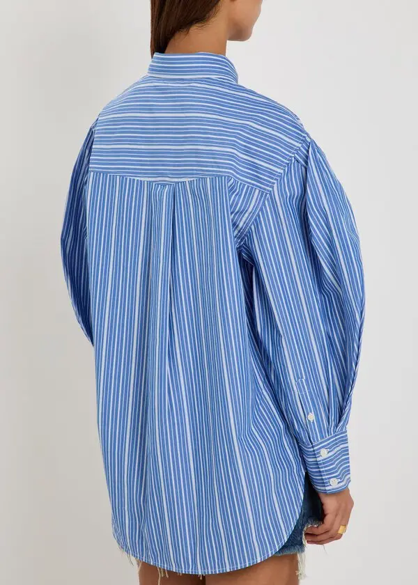 GANNI Striped Organic Cotton Poplin Shirt With Puff Sleeves - Navy