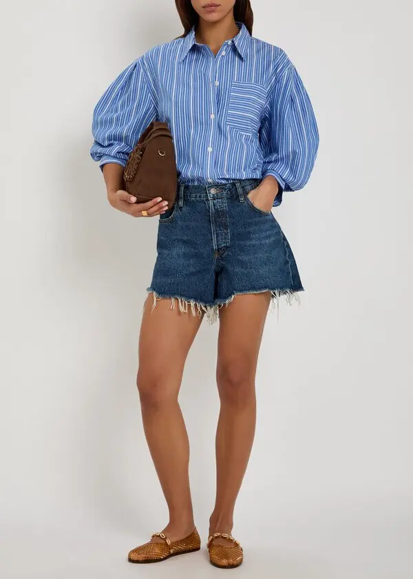 GANNI Striped Organic Cotton Poplin Shirt With Puff Sleeves - Navy