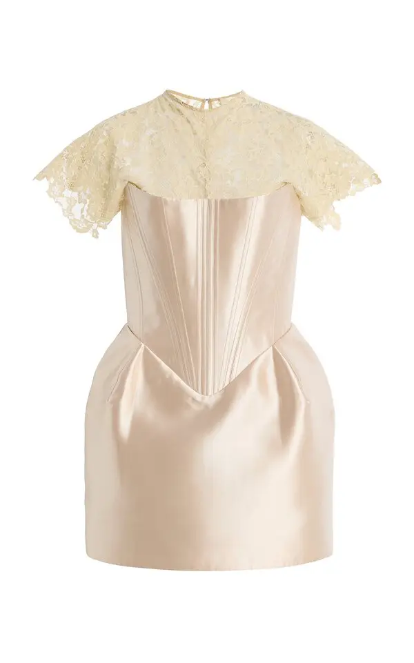 DE LA VALI Exclusive Catalina Satin Mini Dress With Lace Cape - Neutral
