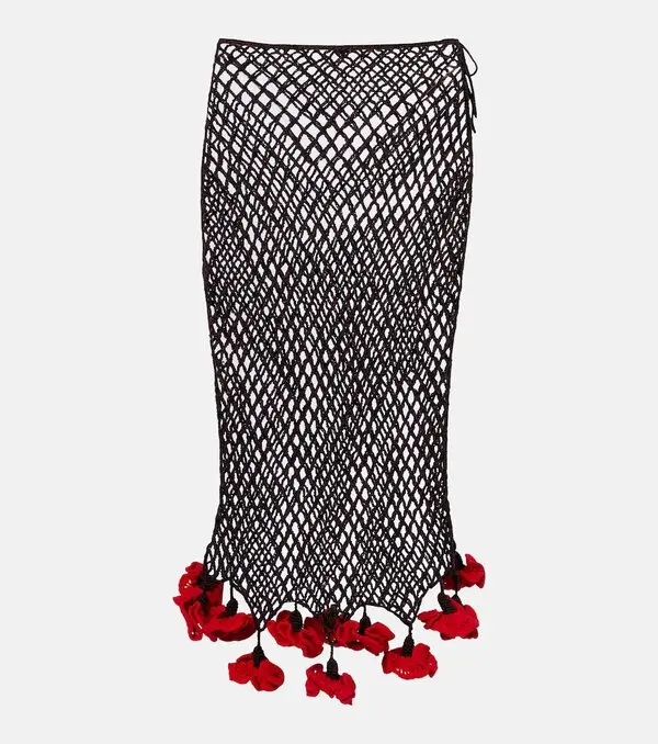 Alaïa Open-knit Cotton Midi Skirt With Floral Embellishments - Brown