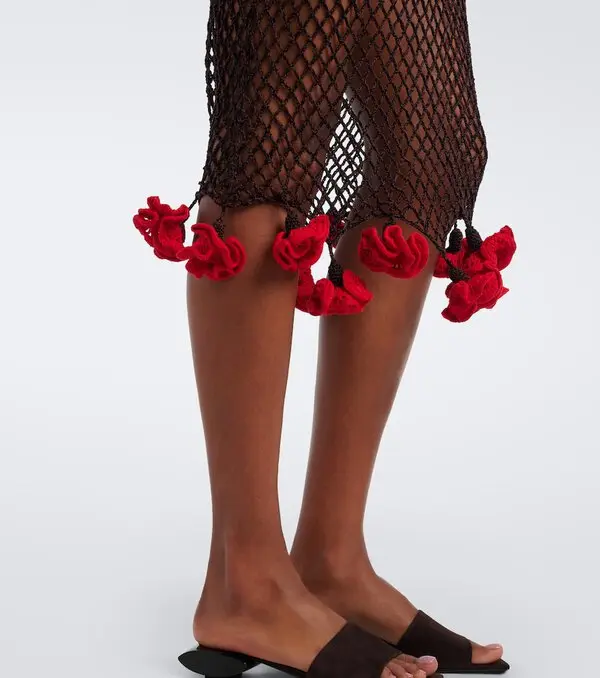 Alaïa Open-knit Cotton Midi Skirt With Floral Embellishments