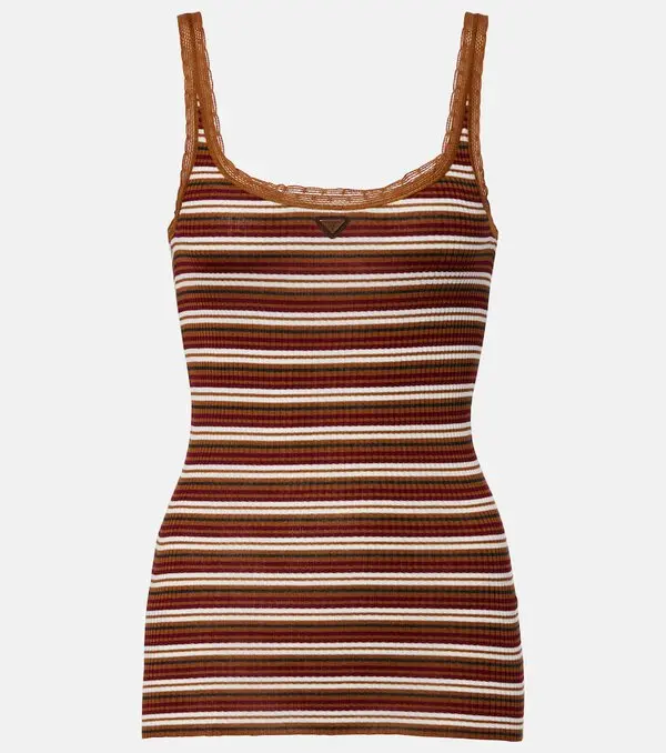 Prada Striped Cotton Tank Top With Lace Trim - Multicoloured