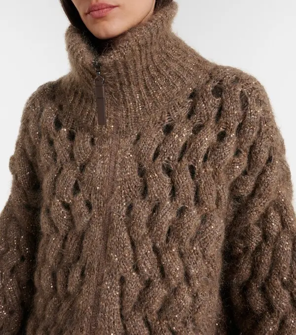 Brunello Cucinelli Open-knit Sequined Mohair And Wool-blend Cardigan - Brown