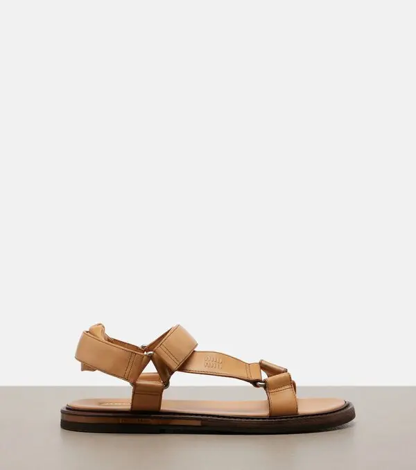 Miu Miu Leather Sandals With Velcro® Fastening - Brown