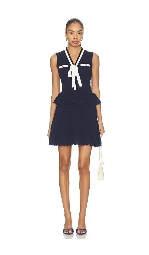 SELF-PORTRAIT Peplum Pointelle Knit Mini Dress - Navy