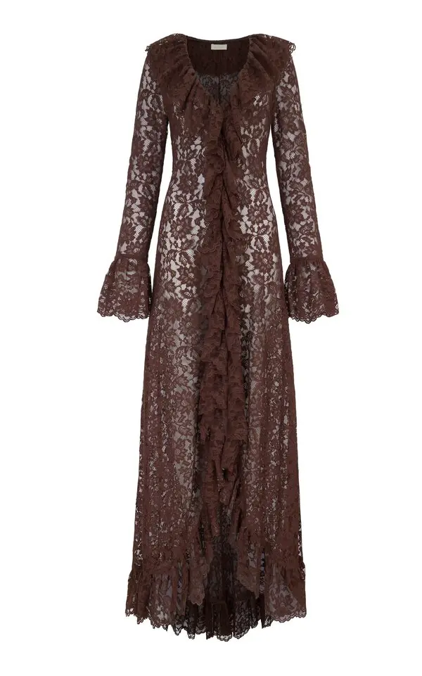 DE LA VALI Clementina Ruffled Lace Maxi Dress - Brown