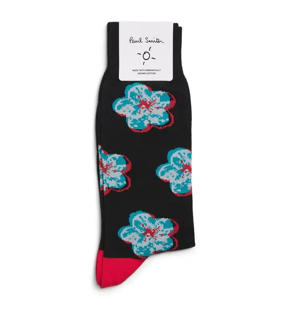Paul Smith Floral Patterned Organic Cotton-rich Crew Socks - Black