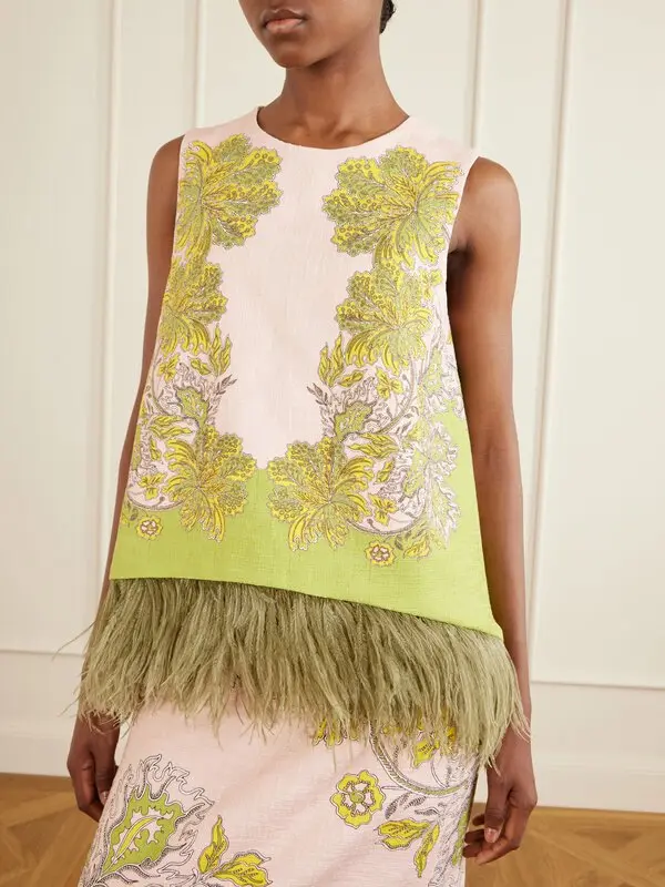 La DoubleJ La Scala Printed Feather-trimmed Cotton-blend Top - Pink