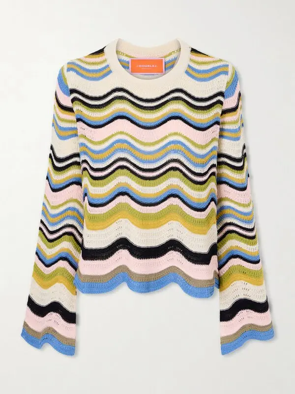 La DoubleJ Scalloped Striped Crocheted Cotton T-shirt - Blue