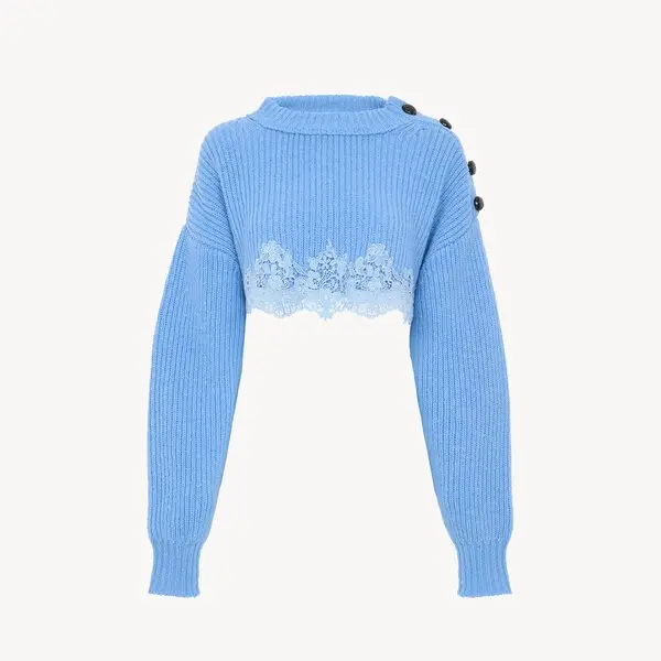 Chloé Cropped Merino Wool Jumper With Guipure Lace Detail - Breezy Blue