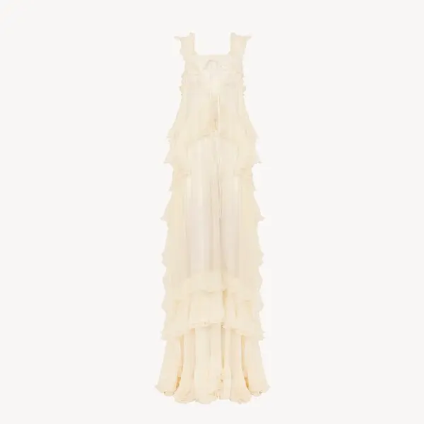 Chloé Sleeveless Layered Long Dress In Silk Mousseline & Lace - Whisper White