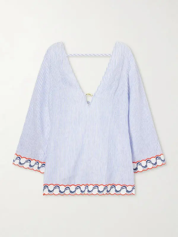 Farm Rio Embroidered Striped Linen Coverup - Blue