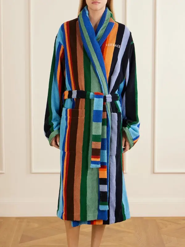 Versace Medusa Belted Striped Cotton-terry Robe - Multi