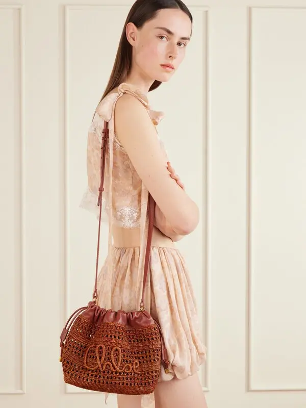 Chloé Summer Banana Leather-trimmed Raffia Shoulder Bag - Brown