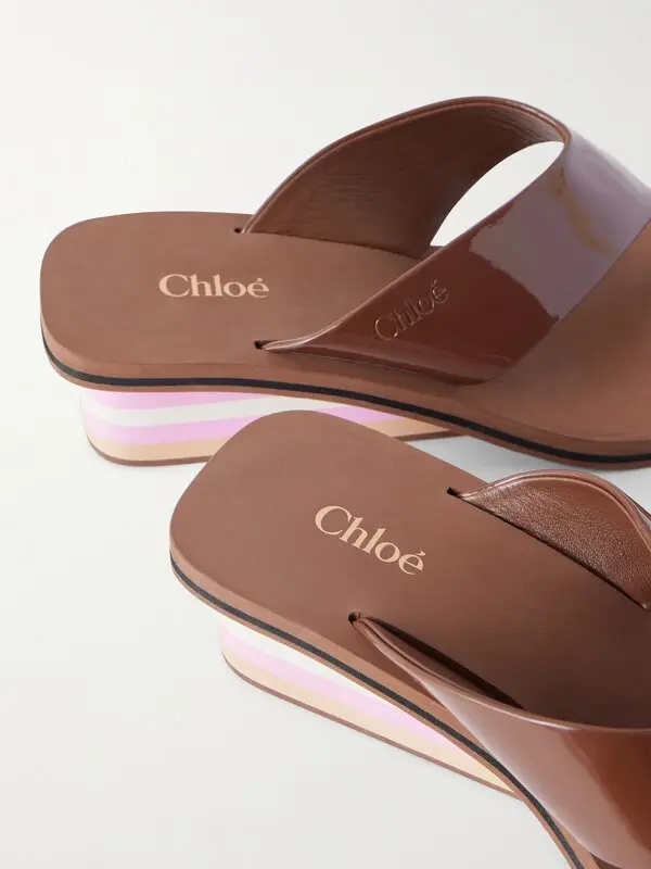 Chloé Patent Leather Wedge Flip-flop Sandals - Brown