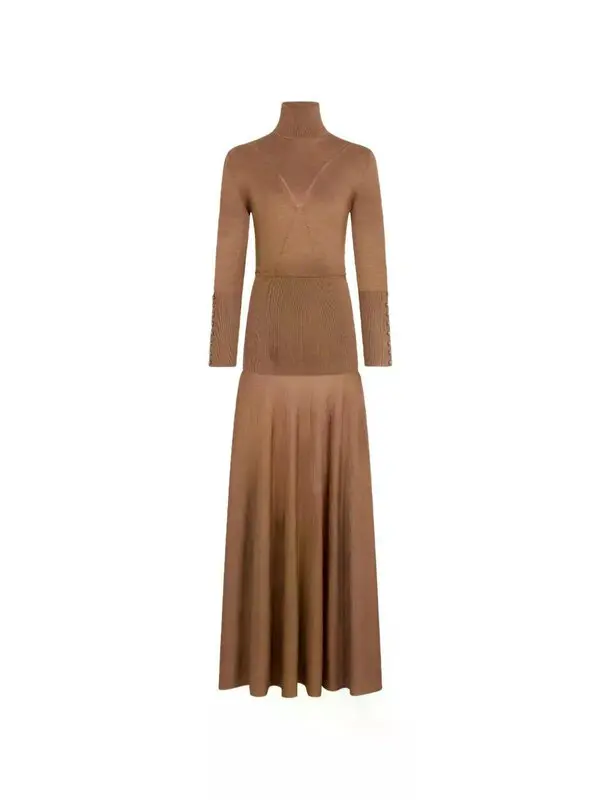 Rabanne Camel Knit Turtleneck Maxi Dress With Button Cuffs