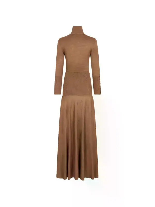 Rabanne Camel Knit Turtleneck Maxi Dress With Button Cuffs