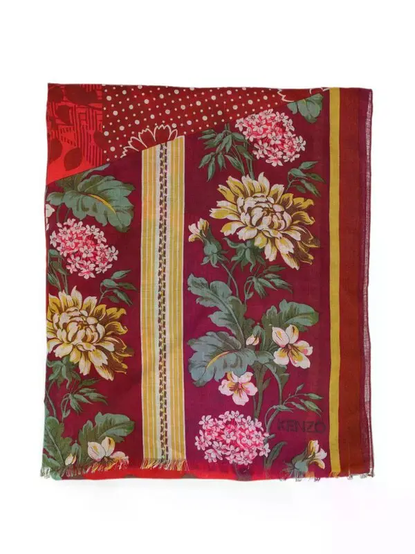 Kenzo Floral-print Striped Scarf - Red
