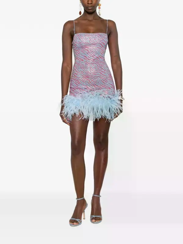 Oseree Animal-print Feather-trim Mini Dress - Blue