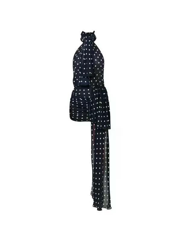 ROWEN ROSE Polka-dot Ruched Halterneck Dress - Blue