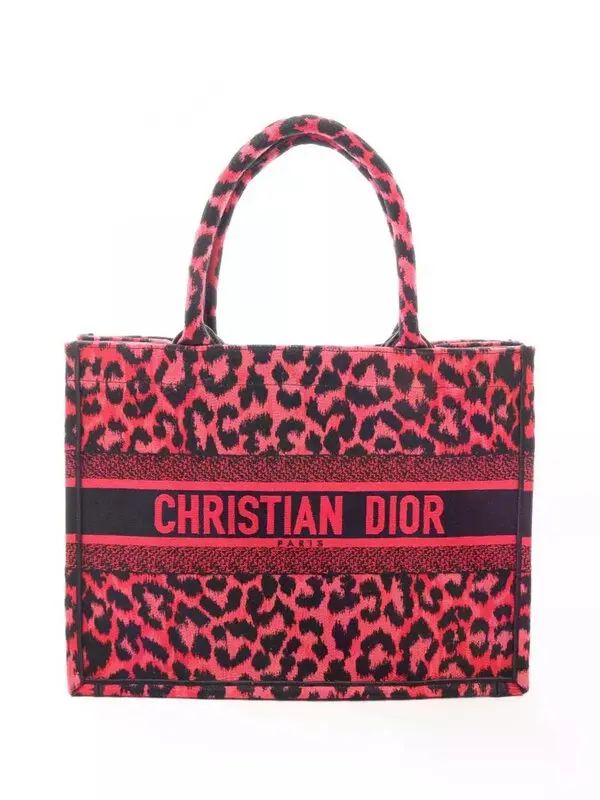 Dior Embroidered Canvas Leopard Book Tote Bag - Red