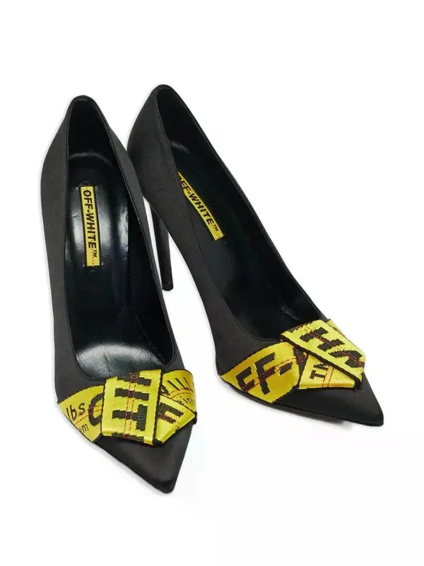 Off-White Satin Pointed-toe Stiletto Pumps With Industrial Logo Strap