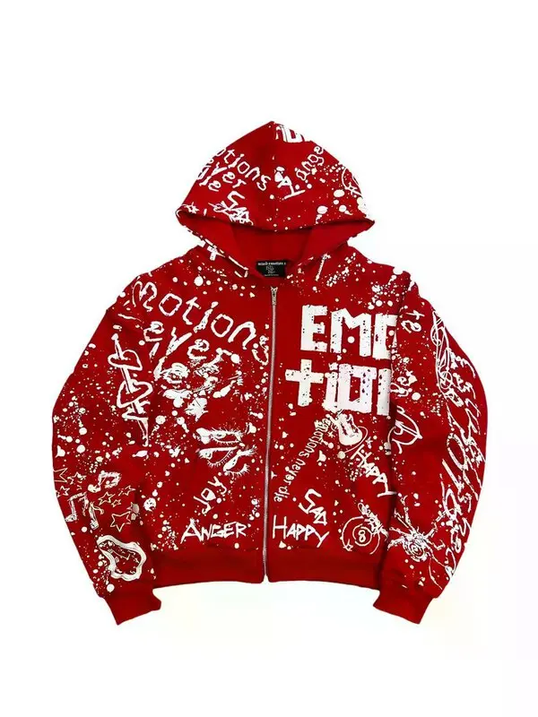 Mixed Emotion Graffiti Print Zip-up Hoodie - Red