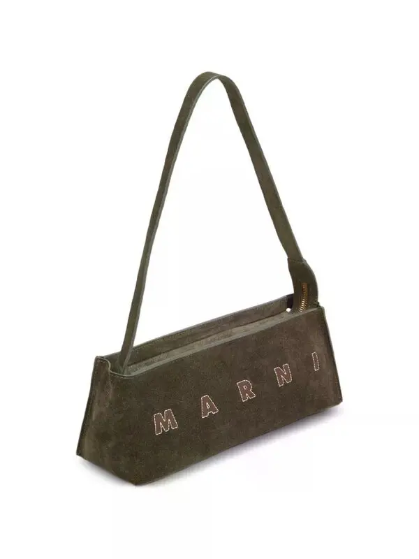 Marni Logo Embroidered Suede Shoulder Bag - Green