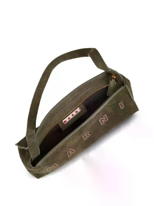 Marni Logo Embroidered Suede Shoulder Bag - Green