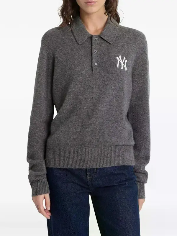 Sporty & Rich Heritage Yankees Serif Cashmere Polo Sweater - Grey