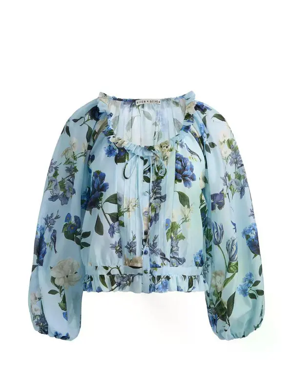 Alice + Olivia Floral Print Ruffled Blouse - Blue