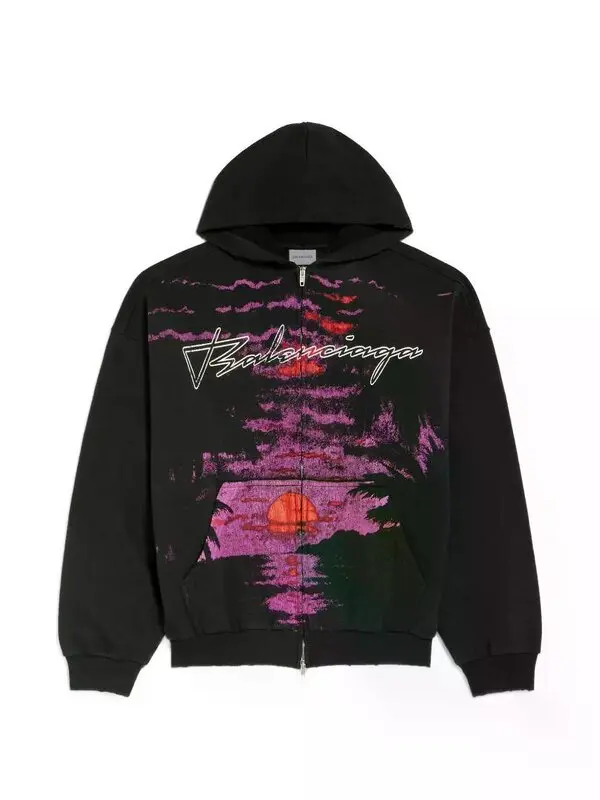 Balenciaga Graphic Print Zip-up Hoodie - Black
