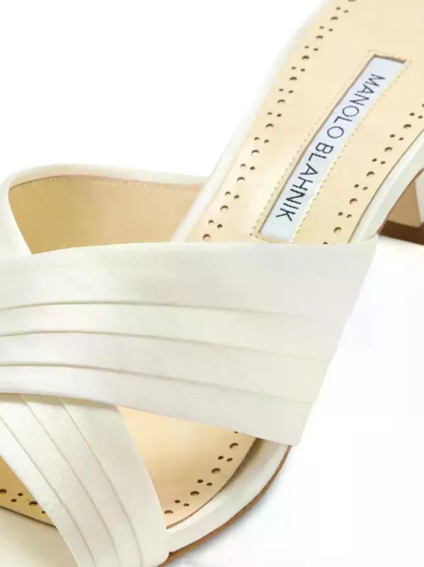 Manolo Blahnik Cream White Satin Pleated Crossover Strap Kitten Heel Sandals - Neutrals