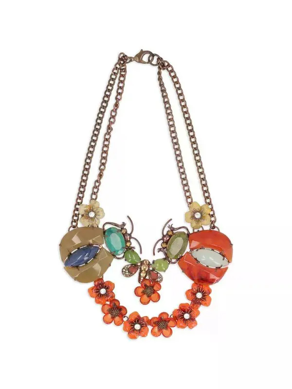 Vintage Floral Embellished Insect Detail Necklace - Brown