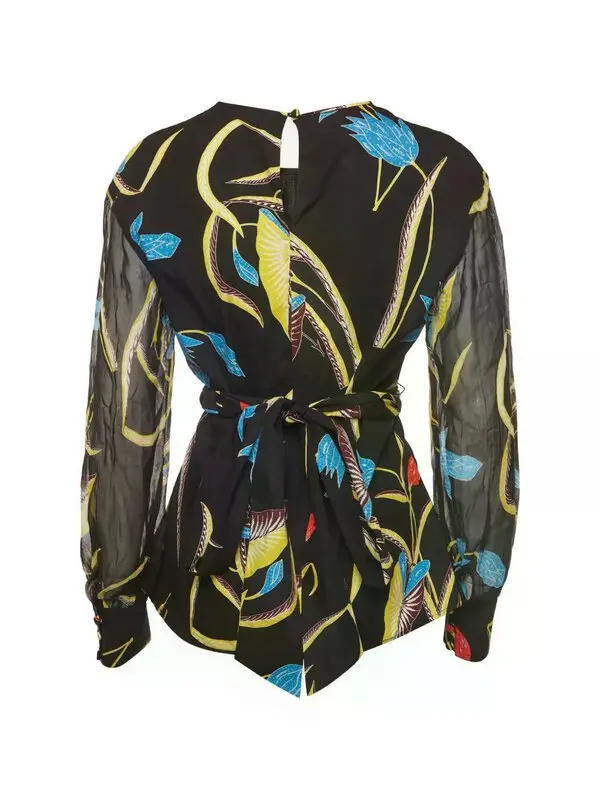 Diane Von Furstenberg Floral Print Sheer Sleeve Blouse - Black